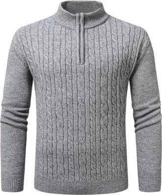 AlltheMen Homme Zippé 1/4 Pull Col Montant Sweats Manches Longues Chaud Pullover en Maille Torsadée dhiver Gris 3XL