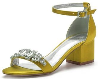 Generic Sandale À Talons Femme Satin Chaussures De Mariage Mariée Bout Ouvert Bas Sandales Satinée Chunky Heels 5.5Cm,Jaune,37 EU