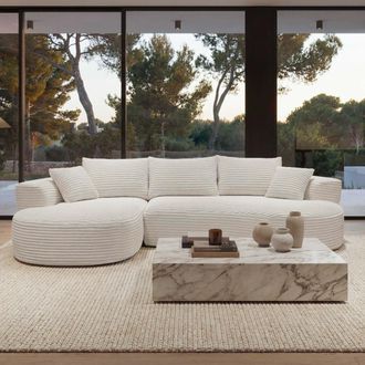 Mendler Sofa-Garnitur HWC-P19, 3-Sitzer Couch Loungesofa, Stoff/Textil Cord (370 g/m&sup2;) Liegefl&auml;che Links - wei&szlig;