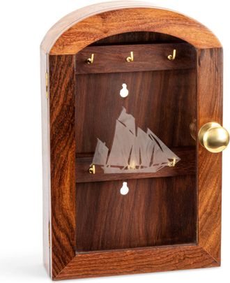 NKlaus Maritim Schl&uuml;sselkasten Schiffsmotiv aus Holz 5x16x6cm mit 6 Haken und Glasfront 11711