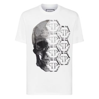 Philipp Plein T-Shirt Rundhals Totenkopf und Plein - - Tops - Herren - Wei&szlig; - 4XL