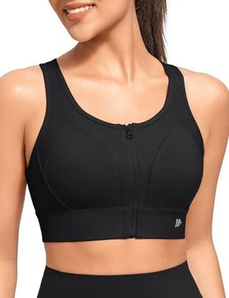 Yvette Sports Soutien Gorge de Sport Femme Zipper Haut Maintien Grande Taille Dos Nageur Dentelle sans Armature Coques Fixes Respirante Running Gym Noir L