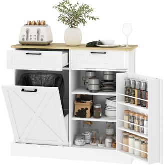 HOMCOM Buffet cuisine - HOMCOM - meuble poubelle 38L - 2 tiroirs, &eacute;tag&egrave;re &agrave; &eacute;pices et plan de travail - MDF - 100 x 36 x 90 cm - blanc