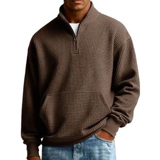 Generic Sweat-shirt gaufr&eacute; &agrave; manches longues avec fermeture &eacute;clair 1/4 pour homme, pull gaufr&eacute; d&eacute;contract&eacute; &agrave; manches longues avec poche, marron fonc&eacute;, 3XL