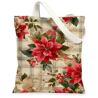 Generic Sacs fourre-tout en toile à motif floral de Noël, sacs dépicerie réutilisables, légers et lavables avec bandoulière pour voyage, pique-nique, 33 x 38 