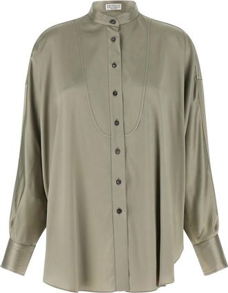 Brunello Cucinelli Femme, Blouses et Chemises, Vert, Taille: 38 FR Chemise &agrave; col mandarin en satin de soie stretch avec Monili