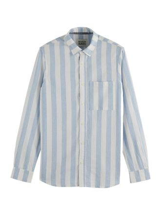 Scotch & Soda Mens Yarn-Dyed Linen Blend Striped Regular fit Shirt, Sky Blue Stripe, XL