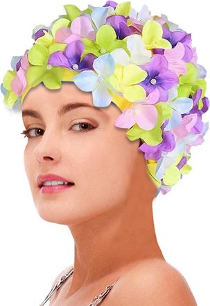Generico S&uuml;&szlig;e Badekappe - Vintage-Blumen-Design mit 3D-Blumen, bequeme elastische Badekappe mit langem Haar | Badekappe f&uuml;r Frauen, Erwachsene, Kinder, Pool, S