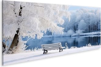 Islandburner Prime Bild auf Leinwand Winterliche Flussufer Landschaft mit Schnee und gefrorenen B&auml;umen - Leinwand 120x40cm - Panorama