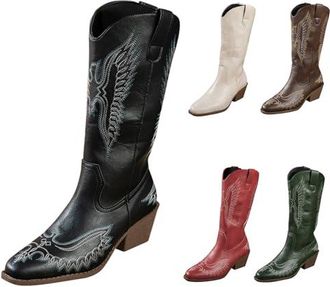 Generic Bottes de cowboy occidentales mi-mollet pour femme avec broderie florale, bout pointu et talon &eacute;pais &agrave; enfiler, style r&eacute;tro, chaussures occidentales c