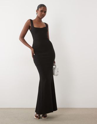 Vesper Robe longue en bengaline avec ourlet plongeant et encolure carr&eacute;e - Noir