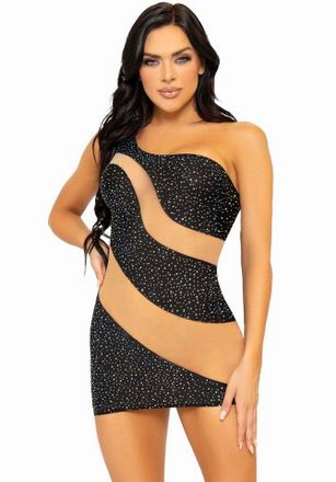 Leg Avenue Minikleid Mini-Kleid transparent mit Schmucksteinen - schwarz (1-tlg) transparente Streifen und Glitzersteine