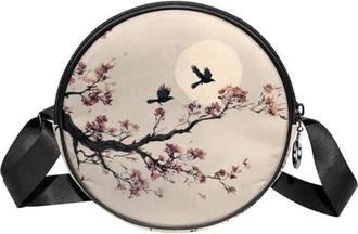 Generic Sac &agrave; bandouli&egrave;re rond pour femme, motif fleurs de cerisier, oiseaux, petit sac &agrave; bandouli&egrave;re avec fermeture &eacute;clair, bretelles r&eacute;glables, sac &agrave; main r