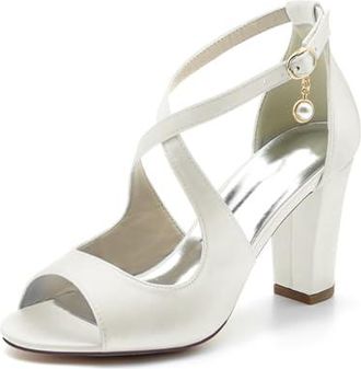 Generic Femmes Bloc Talon Haut Robe De Mariée Chaussures Croisée Cheville Sangle Satin Escarpins Bout Rond Sandales Soirée Bal Bout Ouvert Chaussures De Marié