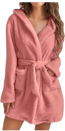 Generic Peignoir pelucheux mi-long pour femme - Joli peignoir kimono &agrave; capuche en peluche avec poches pour lautomne et lhiver (rose, taille M)