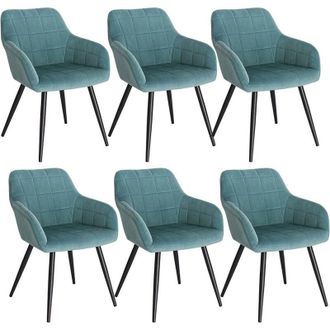 Woltu 6 x Esszimmerst&uuml;hle 6er Set Esszimmerstuhl K&uuml;chenstuhl Polsterstuhl Design Stuhl mit Armlehnen, mit Sitzfl&auml;che aus Samt, Gestell aus Metall T&uuml;rkis