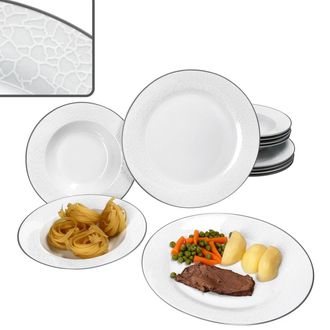 MamboCat Venedig 12tlg Tafelservice I wei&szlig;es elegantes Porzellan Geschirr f&uuml;r 6 Personen I je 6x Speiseteller & Suppenteller 150ml mit Relief in Kieselstein-Op