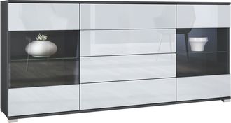 Vladon Sideboard Bari V2, Kommode mit 2 gro&szlig;en T&uuml;ren und 4 Schubladen, Anthrazit matt/Wei&szlig; Hochglanz (166,5 x 75,5 x 35)