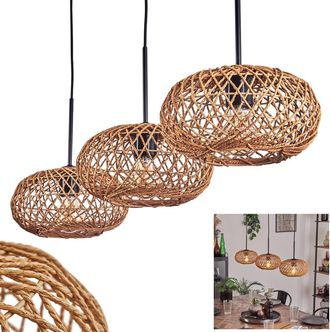 HOFSTEIN Hängeleuchte Mulstrand, moderne Pendellampe aus Metall/Bambus in Schwarz/Natur, Leuchte im Boho-Design m. Schirmen in Gitter-Optik (Ø 25cm) u. Lichtef