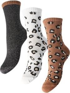 Pieces Pcprima Animal BC, Biscuit/Pack : Lot de 3 Paires de Chaussettes BLC/Lurex-White Pepper/Leo, Taille Unique Femmes