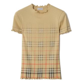 Burberry Check Stretch Baumwoll-T-Shirt - - Tops - Damen - Beige - M