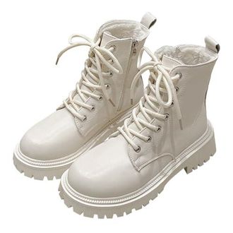 Generic Bottines Femme Elegant Bout Rond Plates Bottes en Cuir Style Britannique Semelle Épaisse Antidérapante Lacets Fermeture Éclair Boots Chaussures Femme 