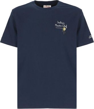Saint Barth Homme, Tops, Bleu, Taille: M T-shirt en Coton Bleu avec Broderie Chef