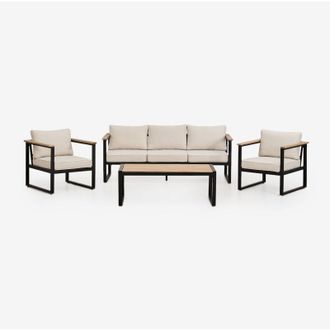 Sklum Gartenset mit einem 3-Sitzer-Sofa, 2 Sesseln und einem Couchtisch aus Aluminium und Lipov-Akazienholz. Schwarz
