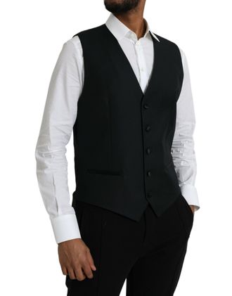 Dolce & Gabbana Mens Black Wool Waistcoat Dress Formal Vest Silk Polyester