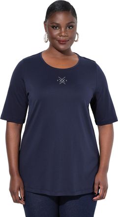 Ulla Popken Damen große Größen Übergrößen Plus Size Pima Cotton Shirt, Ziersteine, A-Linie, Rundhals, Halbarm Dunkles Marine 54+ 837500120-54+