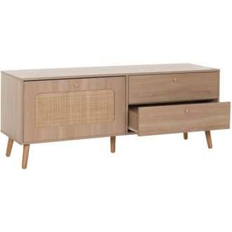 Hhg Meuble tv 172, Buffet tv Armoire tv Commode, porte à tiroir, Kubu rotin bois 56x140x41cm chêne-optique