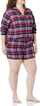 Amazon Essentials Ensemble de Pyjama léger en Flanelle tissée avec Short Femme, Bleu Tartan Mixte, L