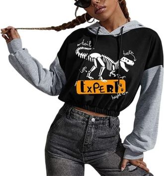 ORANDESIGNE E Noir Sweat à Capuche Court Femme Los Angeles California Lettre Graphique Col Rond Sweat-Shirt Epaule Tombante Pull Ample Top Preppy Manches Longues 