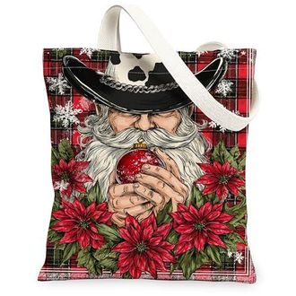 Generic Sacs fourre-tout en toile de poinsettia de No&euml;l, motif floral festif, sacs d&eacute;picerie r&eacute;utilisables, rustiques, l&eacute;gers, lavables, Rouge, 13x15 Inch