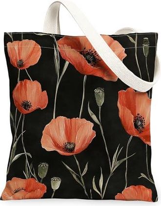 Generic Sac fourre-tout en toile de 33 x 38 cm, motif coquelicots de printemps, sac d&eacute;picerie r&eacute;utilisable pour femme, motif floral de voyage, d&eacute;coration cade