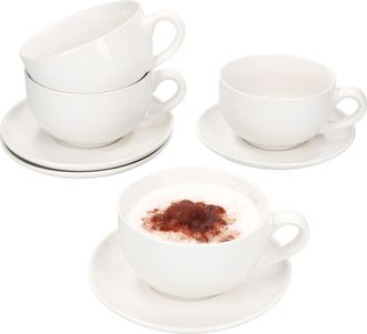MamboCat 4er Set Creme Cappuccinotassen mit Untertassen I 4X bauchige Becher 200ml & 4X Untertassen aus Steingut f&uuml;r 4 Personen I Cremewei&szlig; I Schlichtes Tassen