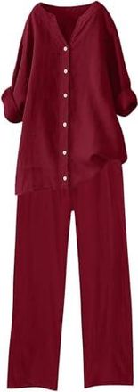 Generic Surv&ecirc;tement deux pi&egrave;ces pour femme en lin d&eacute;contract&eacute; &agrave; col rond et manches 3/4, pantalon &agrave; jambe large avec poches, v&ecirc;tement de d&eacute;tente pour femme, p