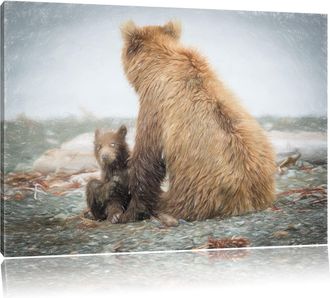 Pixxprint Bär mit Baby nach dem Baden Kunst Buntstift Effekt, Größe: 100x70cm, Leinwandbild, fertig gespannt, Wandbild, Dekoration, Kunstdruck, kein Poster
