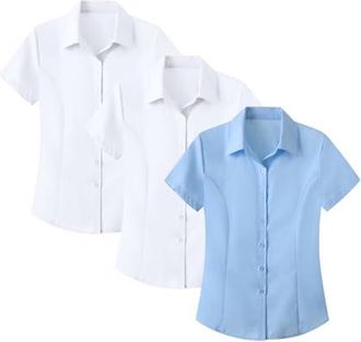 Generic Lot de 3 chemisiers &agrave; manches courtes pour femme - D&eacute;contract&eacute; - Coupe droite - Col en V - Boutonn&eacute; - Couleur unie - D&eacute;contract&eacute; - Basique - Chemise d