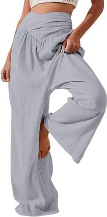 Generic Pantalon en coton et lin pour femme - Jambe large - Pantalon de plage d&eacute;t&eacute; confortable - Pantalon de yoga Palazzo - XIYU26004, gris, XXL