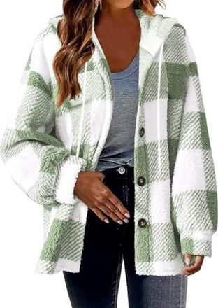 Generic Veste polaire en peluche pour femme - Manteau dhiver chaud en peluche à capuche avec boutons - Vêtement dextérieur tendance à carreaux pour cadeaux de