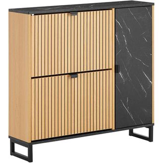 SoBuy SoBuy Schuhschrank schmal f&uuml;r Eingang - Schrank mit 2 Klappen und seitlicher T&uuml;r Schuhregal - Kompaktes skandinavisches Design Schwarz Hell Holz