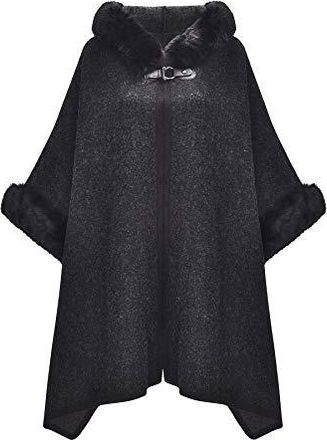 ZLYC Hiver Fausse Fourrure Cape Chaud Tricoté Ponchos Châles à Capuche(Noir),Taille Unique