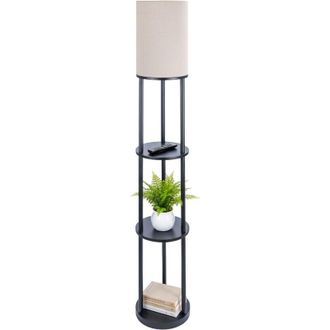 Relaxdays Relaxdays Stehlampe mit Regal, HD: 180 x 30 cm, E27-Fassung, Holz & Leinen, modernes Design, Stehleuchte, schwarz-wei&szlig;
