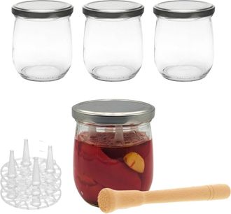 mikken Art Fermentieren Starter Set 4 Fermentiergläser a 415 ml/Deckel PVC frei, 4 Fermentiergitter, 1 Stampfer, 4 Etiketten