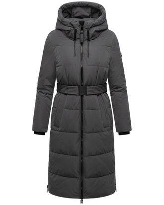 Navahoo Damen Langer Wintermantel warmer Steppmantel mit Kapuze und Tailleng&uuml;rtel Herbstnebel 14 Anthracite Gr. L