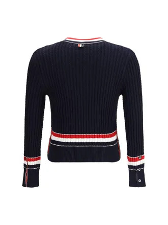 Thom Browne Mens Intarsia Cable-Knit V-Neck Sweater Navy Cotton