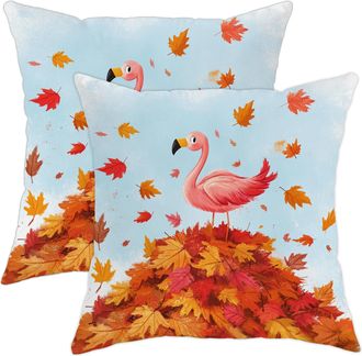 Generic Niedliche Herbstflamingos Kissenbezug Mit Rei&szlig;verschluss Dekokissen Dekorative Zierkissenbezug F&uuml;r B&uuml;ro Balkon Sofa 45X45Cm 2Er Set