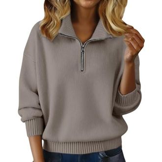 Generic Pull dautomne d&eacute;contract&eacute; &agrave; col montant et manches longues avec fermeture &eacute;clair quart de longueur pour femme, gris, S