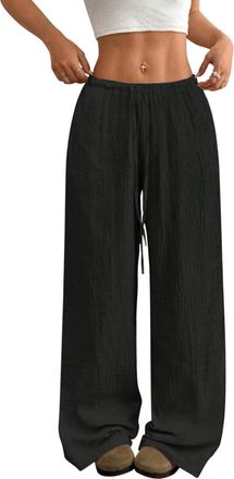 Onsoyours Damen Sommer Leinen Hose Einfarbig Casual Leichte Straight Leg Hosen Bequeme Luftige Freizeit Musselin Hose A Schwarz S